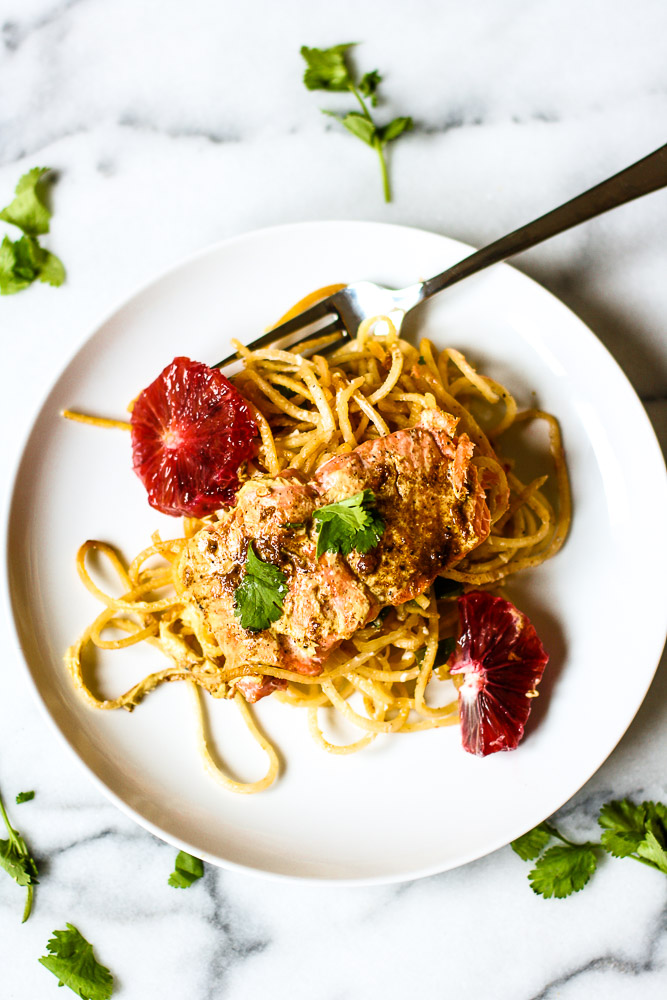 Blood Orange Salmon With Turnip Noodles Recipe
